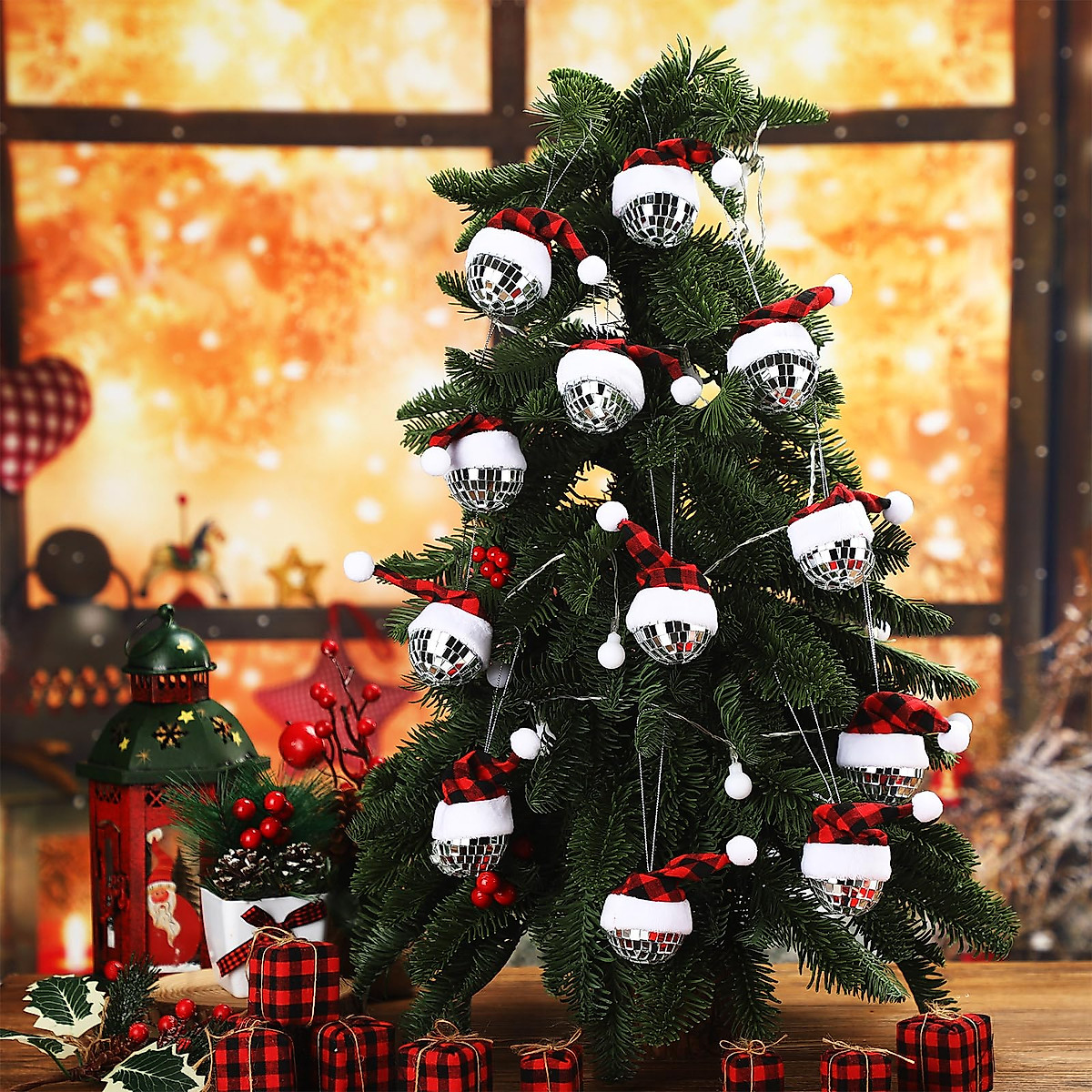 12 Pcs Mini Disco Ball Christmas Ornaments Disco Mirror Ball Tiny Disco Ball Bright Reflective Mirror Christmas Balls for Christmas Disco Party Decoration 1.97'' (Silver,Ball with Plaid Santa Hat)