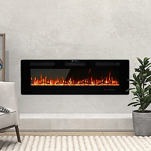 60" Electric Fireplace Recessed Ultra-Thin Insert, Wall Mounted and in-Wall Easy Installation with Remote Control, 700W/1400W, Low Noise (Fake Fire)