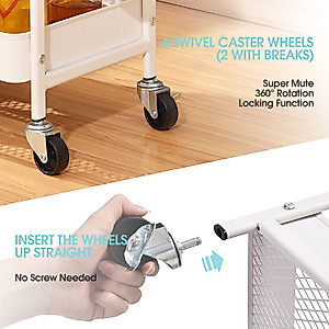 TOOLF 3-Tier Rolling Cart, Metal Utility Storage Cart with DIY Pegboards, Art Craft Trolley with Baskets Hooks, Organizer Serving Cart Easy Assemble for Office, Home, Kitchen, Classroom, White