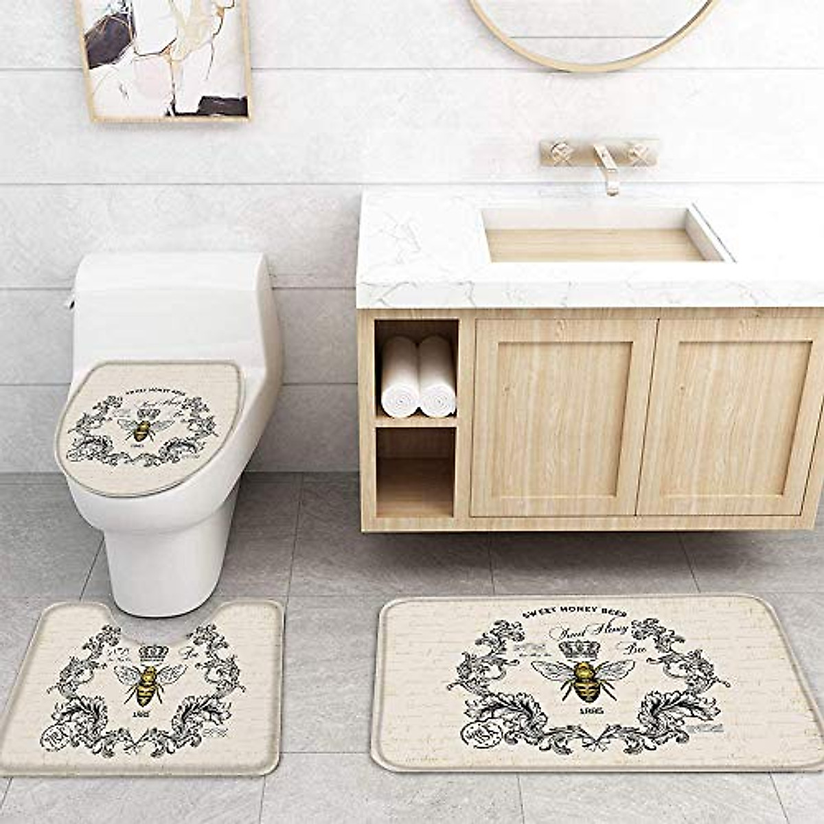 4 Piece Shower Curtain Sets with Bath Rugs Spring Farm Bee Floral Wreath Retro Newspaper,Non-Slip Floor Mat,Toilet Lid Covers,U-Shape Contoured Pad Bumblebee Crown Bathroom Set for Home Decor