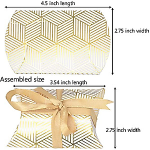 Aokbean Pack of 100 European Kraft Paper Pillow Gift Boxes Wedding Favor Party Supply Favor Gift Candy Box with 50 Yards Ribbon (Gold Stripes)