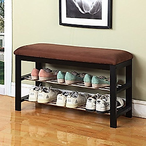 Roundhill Furniture Dark Espresso Wood Shoe Bench with Chocolate Microfiber Seat, Brown, 19.00 x 12.00 x 13.00 Inches