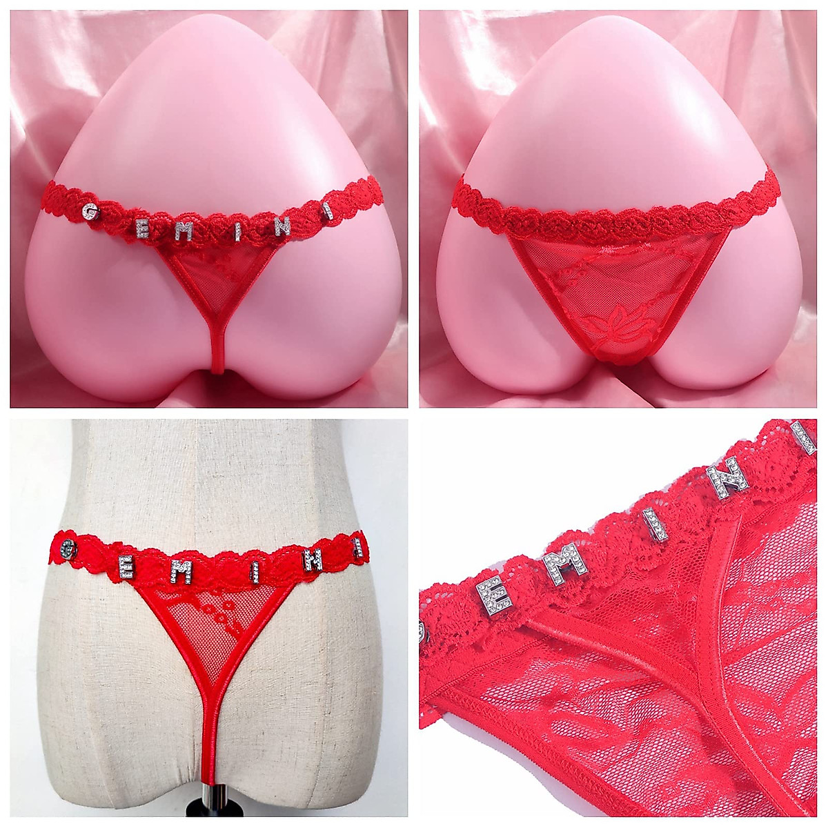 Women Custom G-String Thongs Crystal Name Lace Thong Customized Letter Panties Transparent Low Waist Briefs Underpants (Red)
