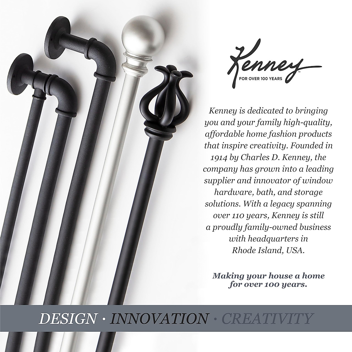 Kenney Chelsea 5/8" Standard Decorative Window Curtain Rod, 48-86", Black