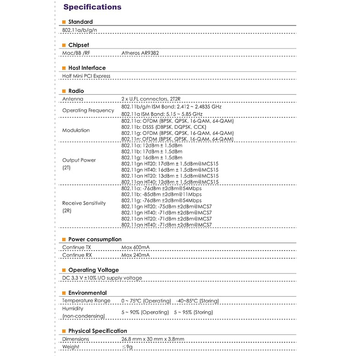 SparkLAN WPEA-121N/802.11a/n/b/g 2x2 MIMO/PCI-Express Half-Size MiniCard (Atheros AR9382)