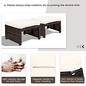 RELAX4LIFE 2-Piece Wicker Outdoor Ottoman, Rattan Footrest Set of 2 with Removable Cushions, 3-in-1 Foot Stool, Side Table & Additional Seating, Outdoor Footstools for Patio Backyard (White)