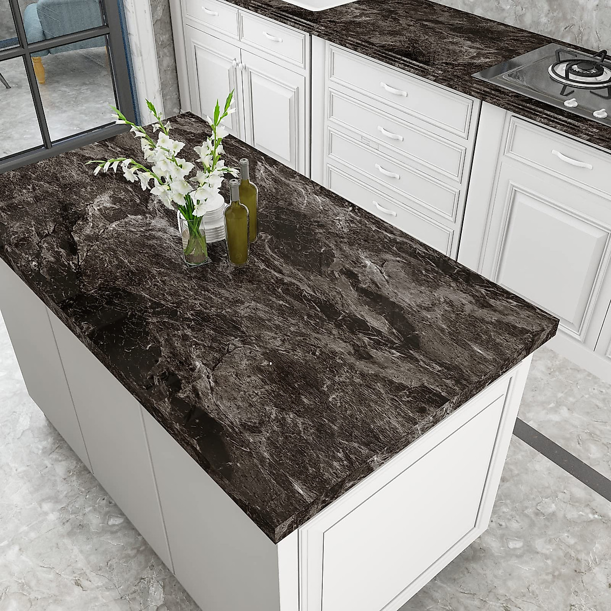 Black Marble Contact Paper Peel and Stick Countertops 15.8" x 78.7" Decorative Wallpaper Waterproof Marble Contact Paper for Countertops Removable Wall Paper Black Vinyl Film for Cabinets Liner