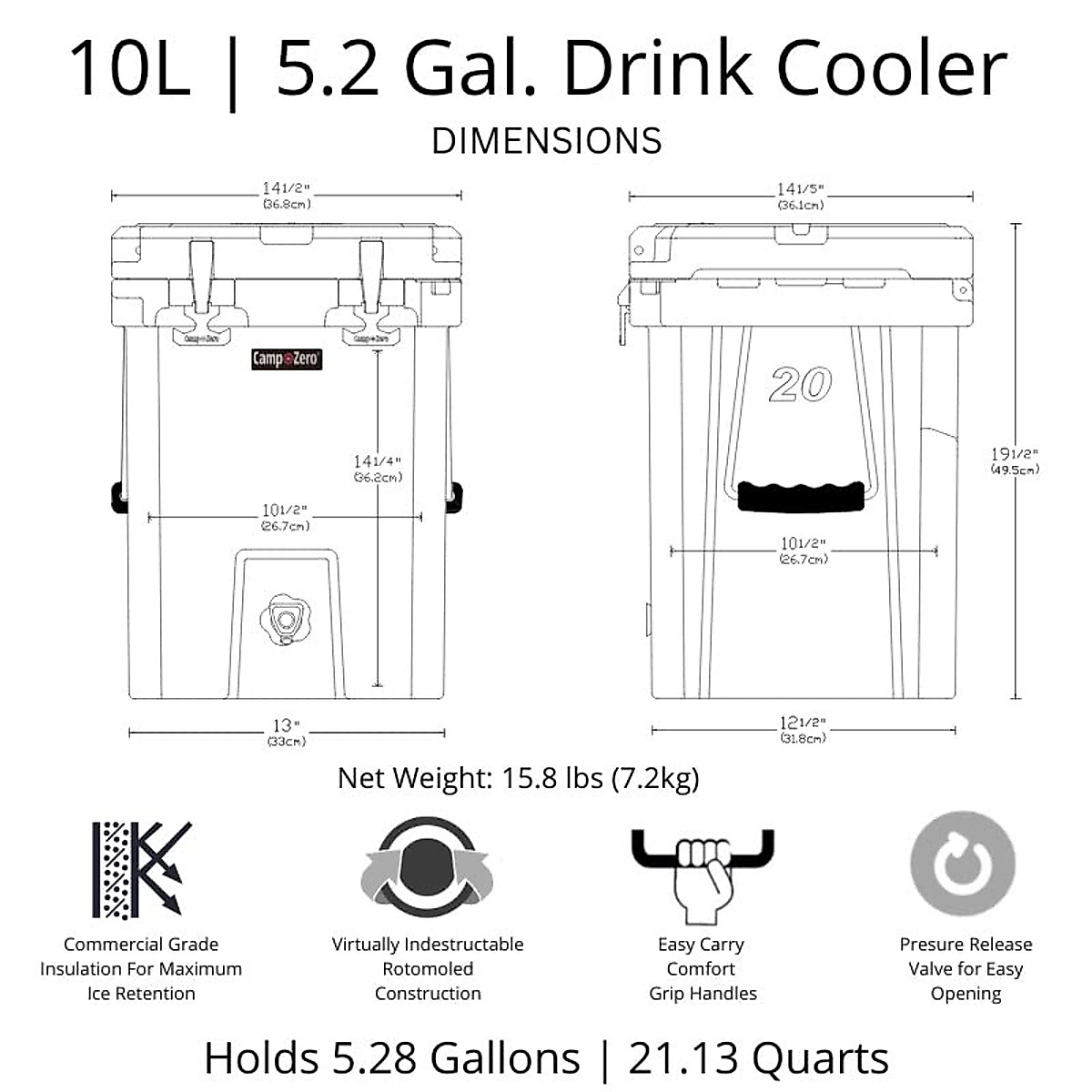 CAMP-ZERO 20L Drink Cooler with 2 Molded-in Beverage Holders