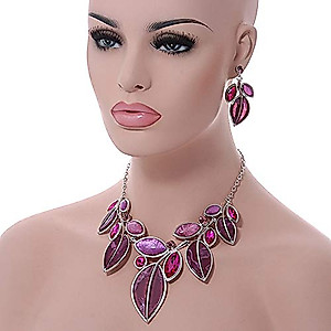 Avalaya Statement Purple/Magenta Glass, Crystal Leaf Necklace and Drop Earrings In Rhodium Plating - 40cm L/ 8cm Ext
