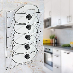 Pot Lid Holder, Iron Kitchen Organizer Rack Rest Wall Door Mounted Kitchen Cabinet Storage Rack Holder for Pot & Pan Lids