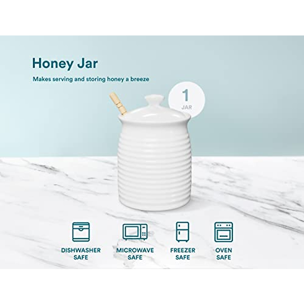 Kook Ceramic Honey Jar with Lid, Wooden Dipper, Small Beehive Honey Pot with Lid, Durable Stoneware, Microwave & Dishwasher Safe, 20 oz, Glossy Finish, White