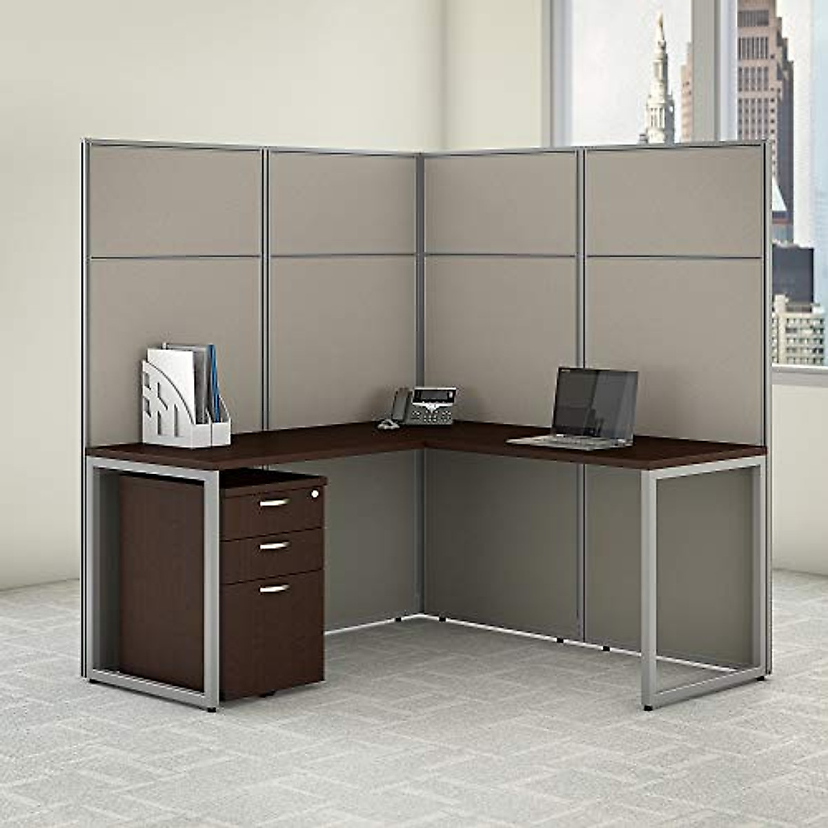 Bush Business Furniture Easy Office L Shaped Cubicle Desk with File Cabinet and 66H Panels, 60Wx60H, Mocha Cherry