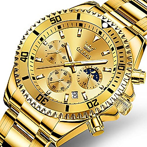 OLEVS Gold Watch for Men Classic with Date Business Dress Luxury Big Face Male Watch Waterproof Luminous Pro Diver Mens Wrist Watch Analog Two Tone Stainless Steel Multifunction Watch