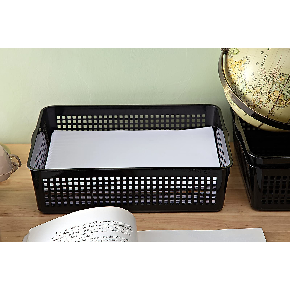 Eslite A4 Size Plastic Storage Basket,Desktop File Paper Letter Organizer Tray, 6-Packs (Black)