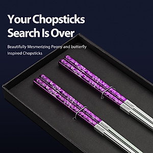 Peony and Butterfly Chopsticks Metal Chopsticks Reusable Designed in Korea Japanese Style Stainless Steel 316 18/10 Non-Slip Dishwasher Safe Laser Etched 2 Pairs Purple