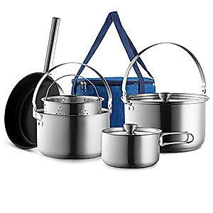 Camping Cookware Set 304 Stainless Steel 8-Piece Pots & Pans Open Fire Cooking Kit | Frying Pan Steamer with Travel Tote Bag | Compact for Outdoors & Indoors Kitchen Campfire Hiking RV