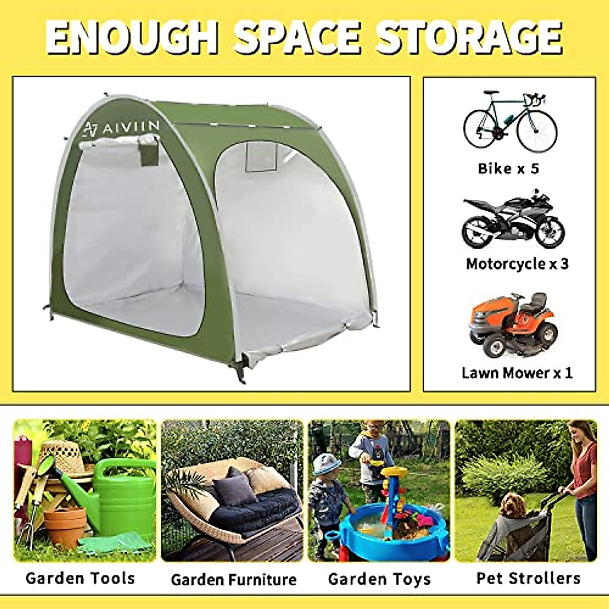 AVIIN 4 or 5 Bike Tent Heavy Duty, 210D Silver-Plated Oxford Extra Thick Waterproof & Sunproof Large Outdoor Bikes Storage Shed for Mountain Bicycle, Motorcycle, Garden Repair Tool, Lawn Mower, Green