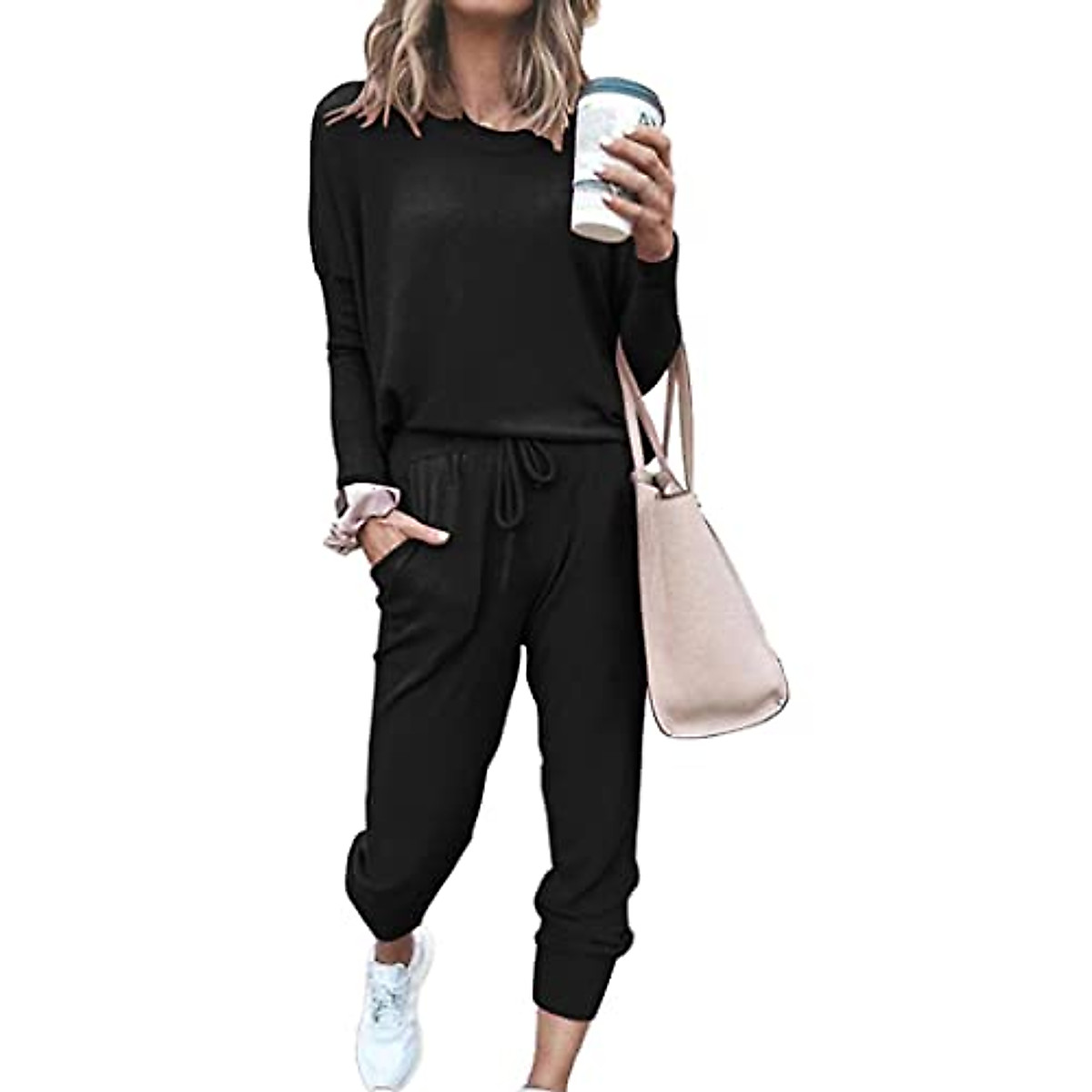 PRETTYGARDEN Women's 2024 Fall Two Piece Outfit Long Sleeve Crewneck Pullover Tops and Long Pants Tracksuit (Black,Large)