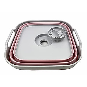 SAMMART 10L (2.64 Gallon) Collapsible Dishpan with Draining Plug - Foldable Washing Basin - Portable Dish Washing Tub - Space Saving Kitchen Storage Tray (Grey/Pale Pink)