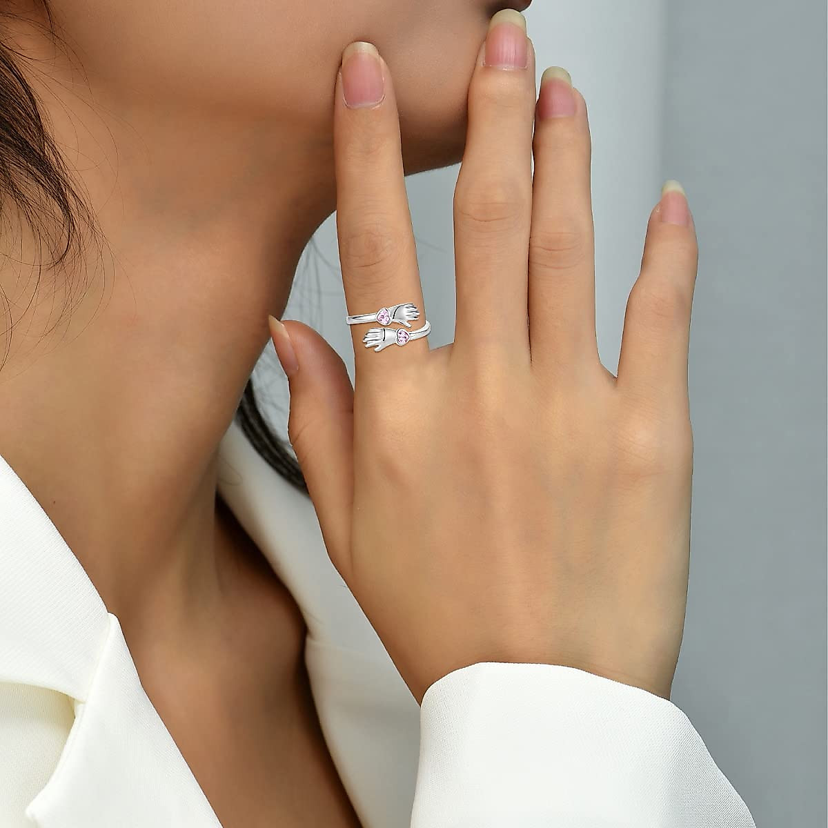 STARCHENIE Hug Ring 925 Sterling Silver Open Adjustable Hugging Hands Ring for Women Size 10