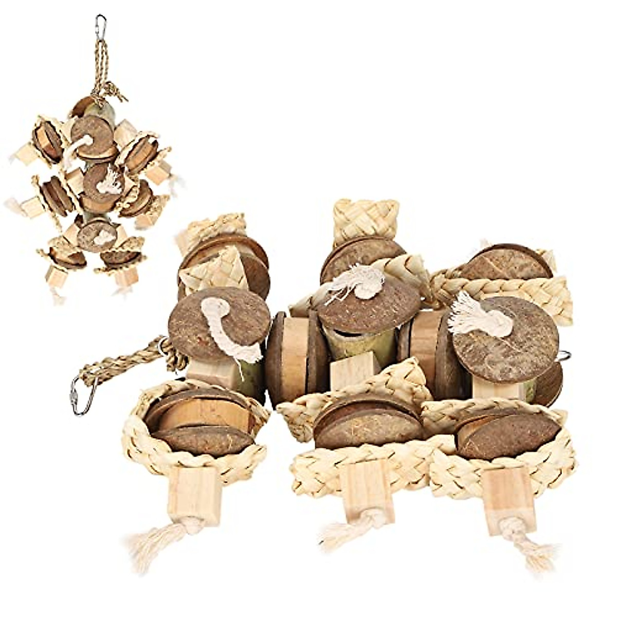 Zerodis Parrot Chewing Toy, Bird Coconut Beak Grinding Plaything Toy Parrot Cage Bite Toys with Blocks for Conures Cockatiels African Grey Macaws