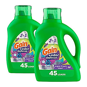 Gain + Odor Defense Laundry Detergent Liquid Soap, 2-Pack, Super Fresh Blast Scent, 65 Fl Oz Each
