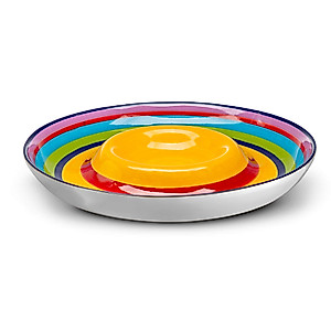 KooK Ceramic Chip & Dip Platter, Large Divided Serving Dish for Parties, Round Tray for Snacks and Appetizers, with Bowl for Dips, Dishwasher Safe, Hand-painted, Multicolor, Tinga Collection, 13 Inch
