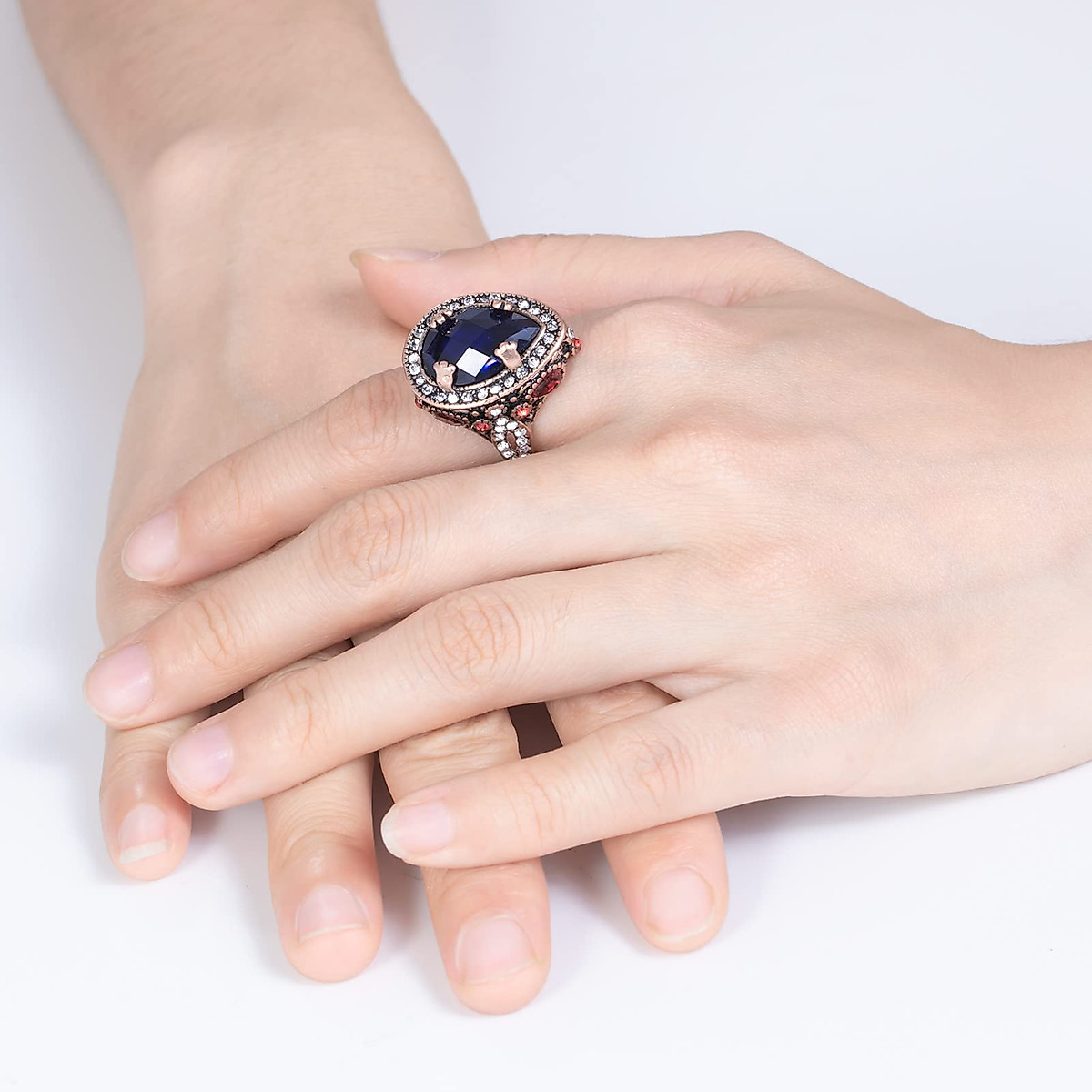 CKHAO Women Ring - 24mm Big Size Antique Gold Plated Turkish Style Blue Gemstone Vintage Ring Women Jewelry J0899BLUE (7)