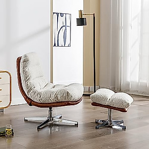 BESTANO Swivel Accent Chair with Ottoman, Mid Century Modern Faux Sherpa Lounge Chair with footrest, Fluffy Oversized Armchair with 360 Degree Metal Base for Living Room/Bedroom, Cream