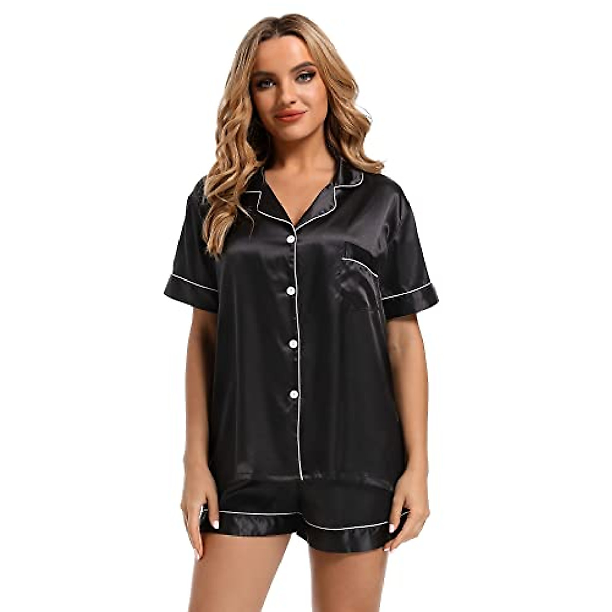 Finvizo Womens Silk Satin Pajamas Set: Soft Short Sleeve Two-piece Pjs Silky Button-down Sleepwear Loungewear Shorts Set,Black XXL