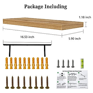 16.5in Floating Shelves, Natural Solid Wood Shelf Set of 2, Wall Shelves with Invisible Brackets, Rustic Wooden Wall Mounted Shelves for Bedroom/Living Room, Hold Up to 25lbs, Renter Friendly