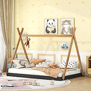 RORIGAT Full Floor Bed for Kids,Full Teepee Bed Frame with Triangle Structure,Wood Floor Bed for Bedroom Furniture,Box Spring Not Required，Black+Brown
