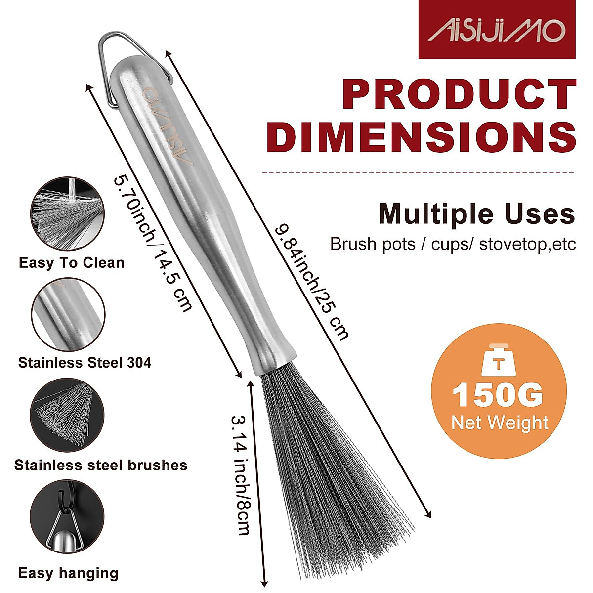 Aisijimo SUS304 Stainless Steel Cleaning Brush Scrub Brush for Kitchen Dishes Pots Pans Sink Cleaning