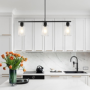 KMaiPem Kitchen Island Lighting, 3 Lights Black Linear Chandelier with Glass Shade, Industrial Kitchen Pendant Lighting over Island, Modern Chandelier for Dining Living Room Bar Pool Table Light