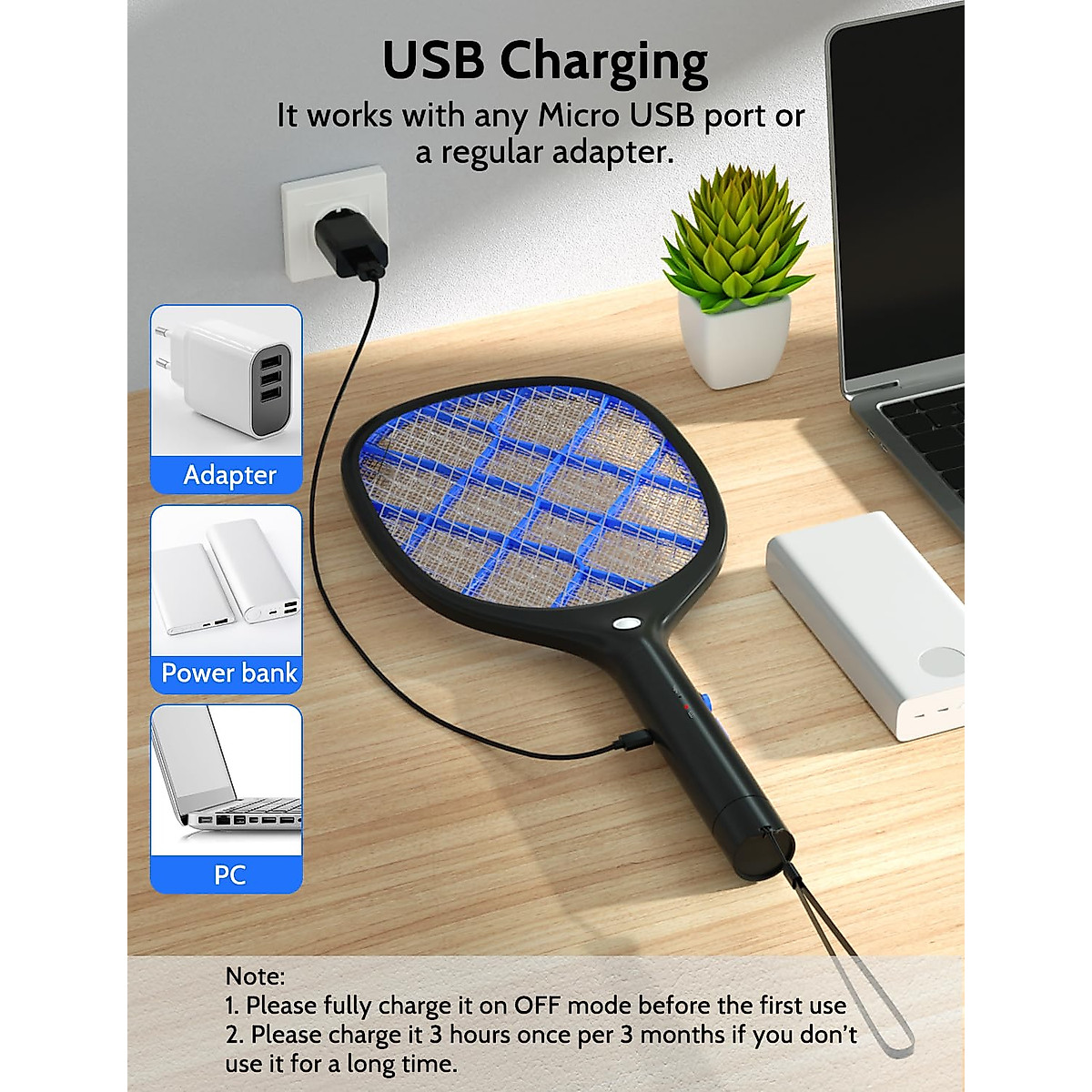 YISSVIC Electric Fly Swatter Bug Zapper Racket Rechargeable Mosquito Killer LED Light for Indoor Home Office Backyard Patio Camping