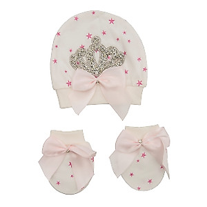 LAL & LUNA Baby 3 Pc Crown Jewel Cotton Outfit, Footie with Hat and Mittens (09-White -Pink Star (Girl), 0-3 Months)