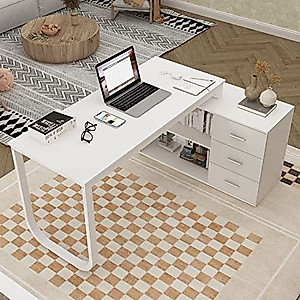 DiDuGo Office Desk with Drawers and Shelves, Home Office Desk L Shaped Desk with Metal Frame, Wood Corner Desk Computer Desk for Office Bedroom White
