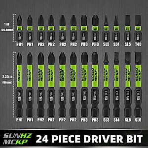 SUNHZMCKP 24-Piece Screwdriver Bit Set, Magnetic Slotted Phillips Driver Bit Set, S2 Steel, Long 1" and 2.3" Impact Screwdriving Drill Bits Set, 1/4 Inch Hex Shank Driver Bit