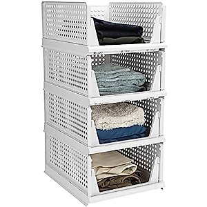 Set of 4 Stackable Closet Wardrobe Storage Bins Organizer (Easy Open and Folding), Plastic White Wardrobe Shelves Closet Organiser Box, Pull Out Like a Drawer, Suitable for Home, Bedroom, Kitchen