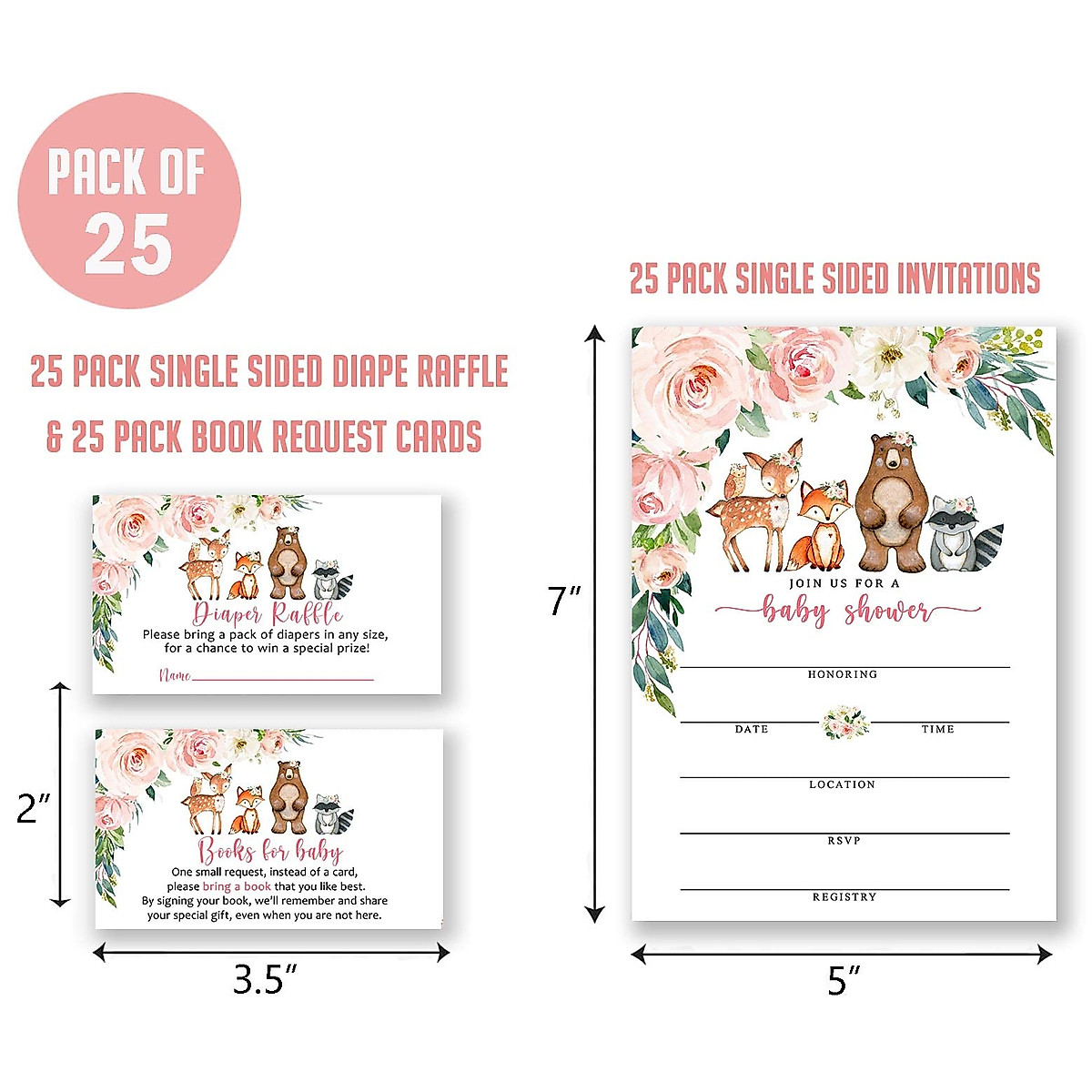 Yuzioey Girl Woodland Baby Shower Invitations, 25 Woodland Floral Invitations Macthing Envelpoes, Diaper Raffle Tickets, Book Request Cards, Forest Creatures Invitations