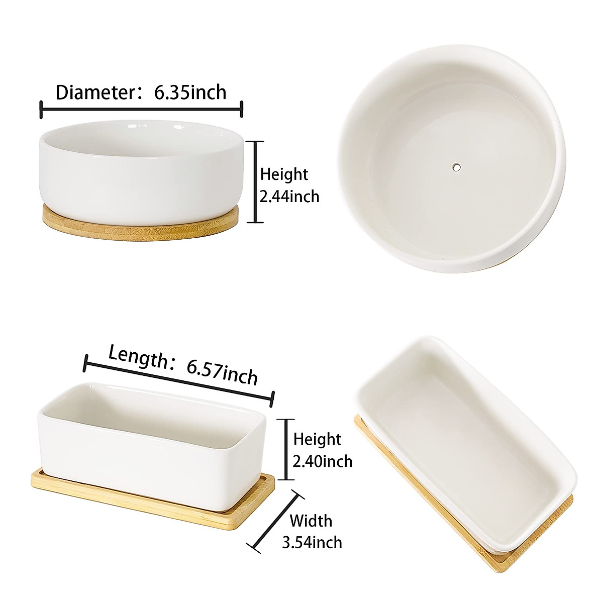 Fengson Succulent Pots, White Ceramic Flower Succulent Planters Pot with Bamboo Tray, 1 Rectangle Flower Pot + 1 Round Flower Pot 6.5" Drainage Hole for Cactus Herb Home