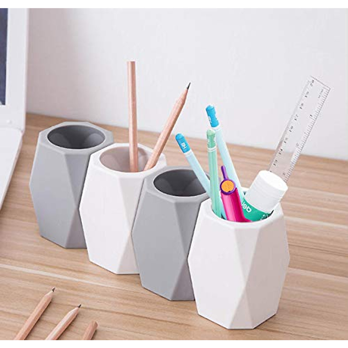 Cerpourt 2 Pack Silicone Pencil Holder White Geometric Pen Cup for Desk Makeup Brush Holder,Desktop Organizer Pen Holder Ideal Gift for Office Home