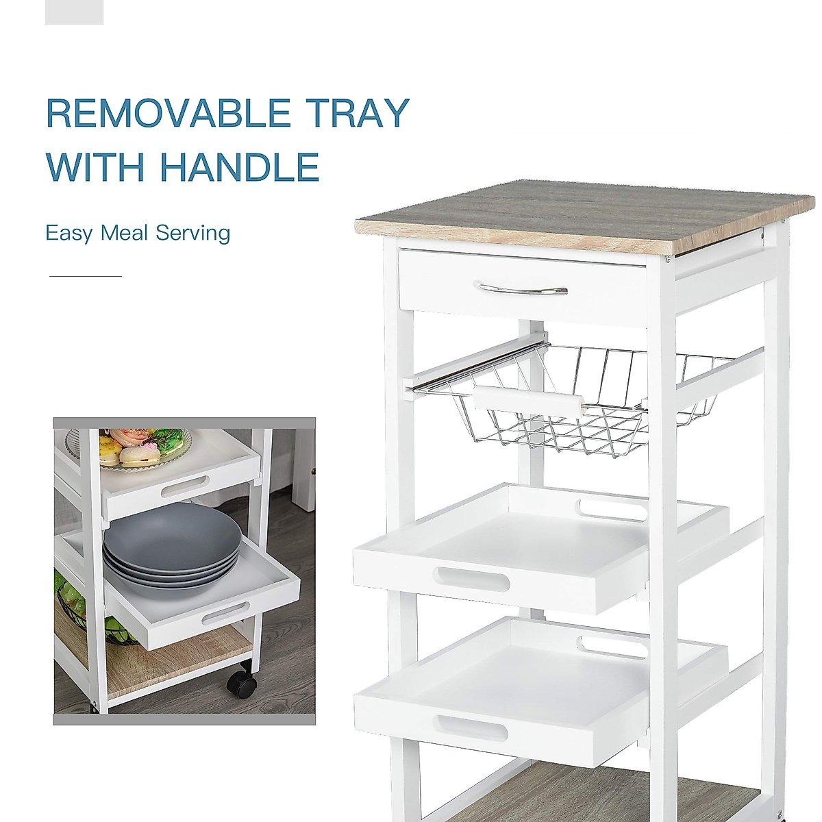 HOMCOM Mobile Kitchen Cart, Rolling Kitchen Island with Storage, Solid Wood Frame Utility Cart with Wire Fruit Baskets, Trays and Drawer, White