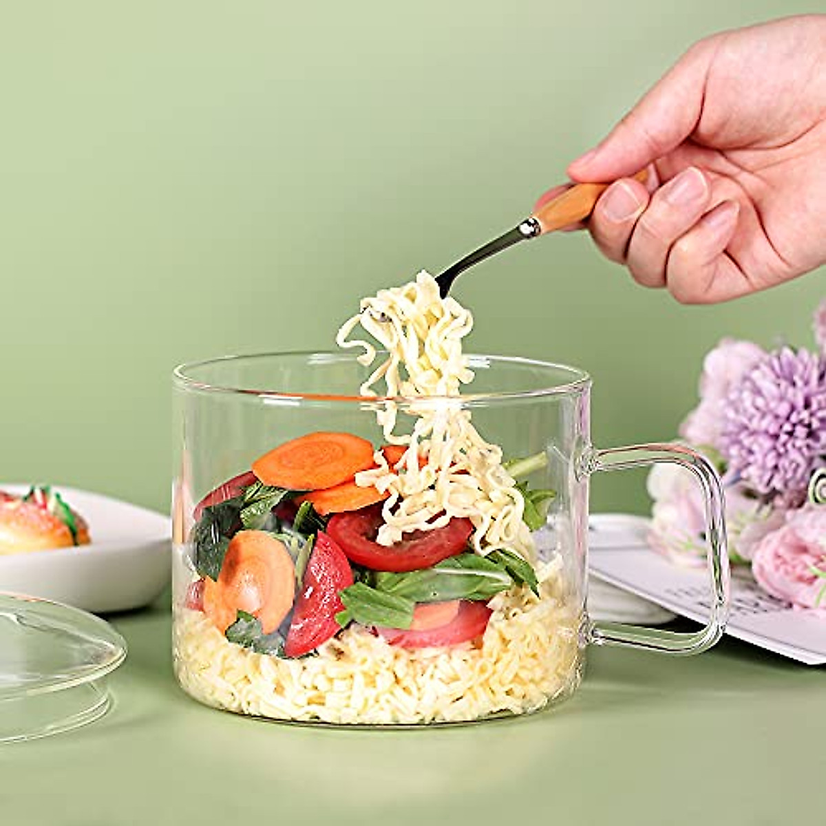 CZFWin Glass Soup Bowl with Lid and Handle, 47 FL OZ Glass Ramen Noodle Bowl Microwave Safe, Clear Glass Simmer Pot for Cooking on Stove