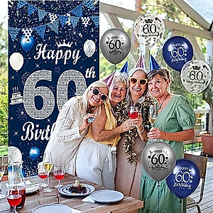 60th Birthday Decorations for Men Navy Blue Silver Happy 60th Birthday Door Banner Cover and 18Pcs Blue Silver 60th Birthday Balloons for Men Women 60th Birthday Party Decorations