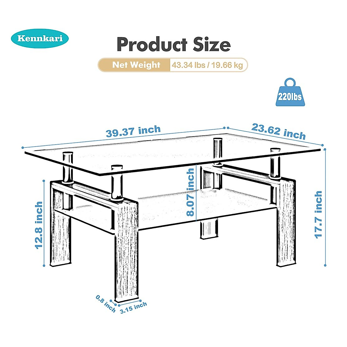 Kennkari Coffee Table with Storage, Table for Living Room, Modern Glass Coffee Table, Rectangular Coffee Table for Home Living Room, Clear Coffee Table, Easy Assembly (Transparent+Black)