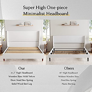 Jocisland Queen Size Bed Frame 51.2" High Linen Upholstered Platform Bed with Wingback Headboard/No Box Spring Needed/Easy Assembly/White