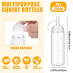 Hoolerry 32 Pcs 4oz Plastic Squeeze Bottles Condiment Squirt Bottle Set with Discrete Measurements Dressing Container Ketchup Dispenser for Syrup BBQ Grilling Liquids and More