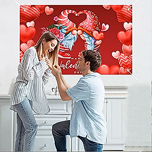 3.7x6Ft Valentines Day Backdrop Banner Romantic Love Heart with Gnomes Happy Valentine's Day Sign Photography Background Photo Booth Props for Proposal Bridal Shower Wedding Party Decorations Supplies