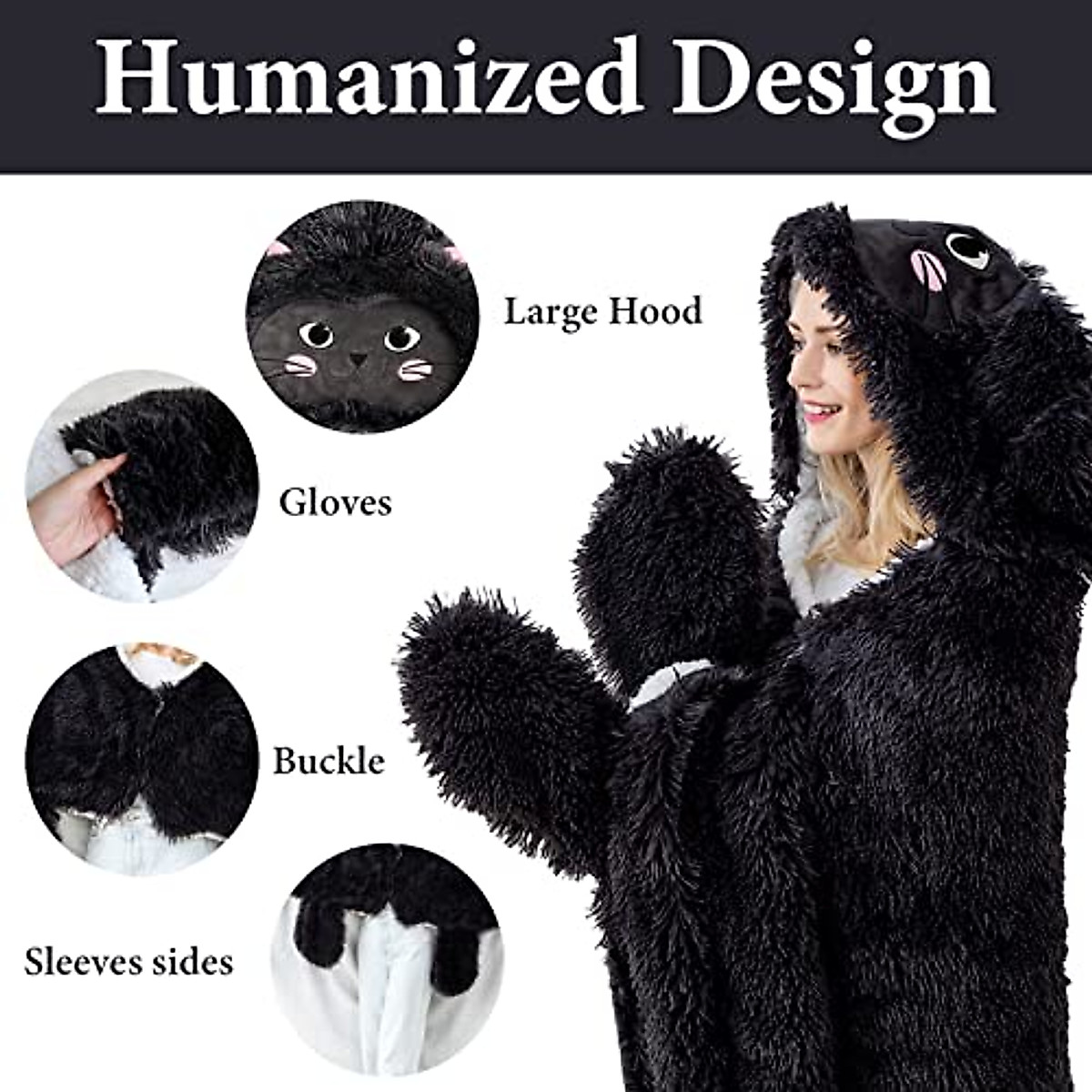 VK Living Wearable Blanket Hoodie Cat Wearable Hooded Blanket Adult, Sherpa Fleece Wearable Blanket, Super Soft Warm Fuzzy Oversized Wearable Hooded Blanket for Sofa Bed Camping